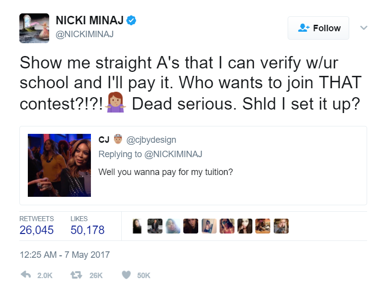 Nicki Minaj Helps 30 Twitter Fans Pay For College